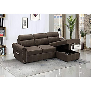 FANYE L-Shaped Oversized Reversible Convertible Tufted Sleeper Sectional Sofa with Pull Out Sleeper Couch Bed,USB Ports, Nailhead Decor Armrests and Storage Chaise for Living Room