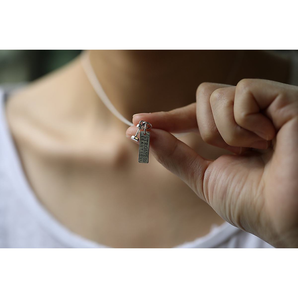 Sterling Silver Necklace "Strong Is Beautiful" Engraved Dumbbell Barbell Gym Buff Pendant Necklace 18"