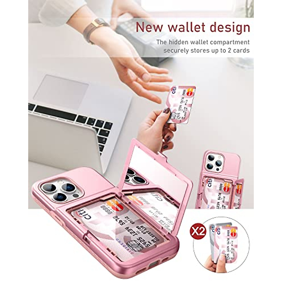 WeLoveCase for iPhone 13 Pro Wallet Case for Women with Credit Card Holder & Hidden Mirror, Two Layer Shockproof Heavy Duty Protection Cover Protective Case for iPhone 13 Pro - 6.1 Inch Rose Gold