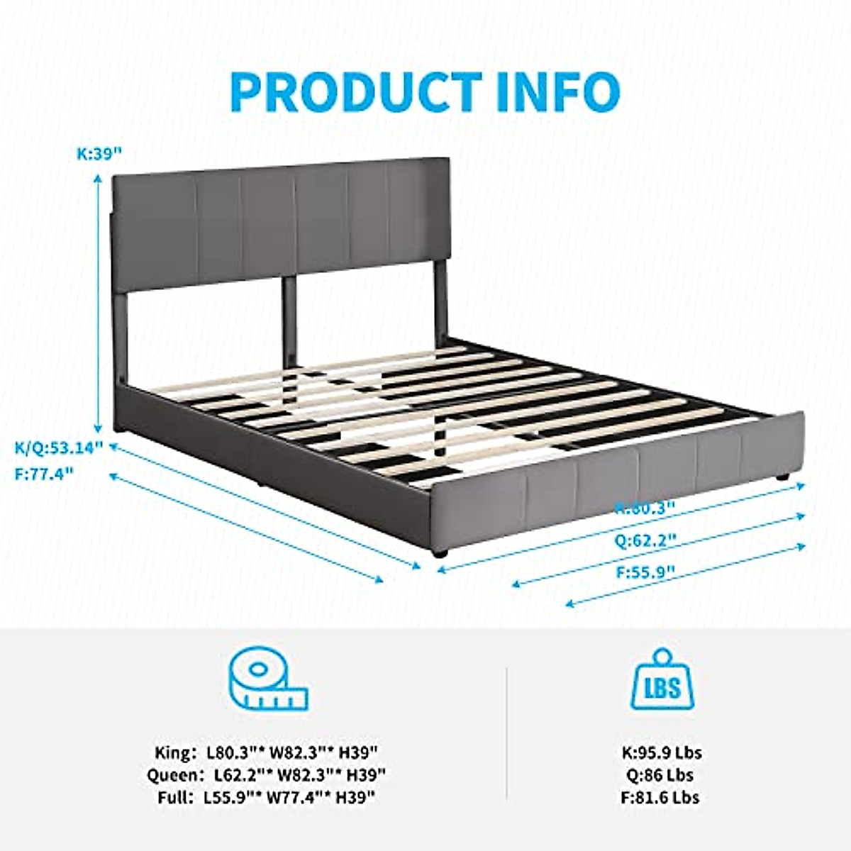 Mjkone California King Platform Bed Frame with 4 Storage Drawers, Upholstered Modern Velvet Bed Frame with Adjustable Headboard, Wooden Strips Design/No Box Spring Needed/Easy Assembly (Dark Grey)