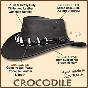 Oztrala】Leather Hat Crocodile Band Australian Outback Dundee Aussie Mens Womens Jacaru Black Brown Cowboy HLC1 US (Black, ML)