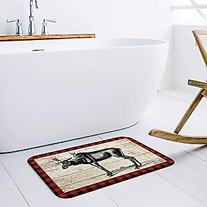 Christmas Bath Rugs Winter Christmas Reindeer Sponge Doormat Absorbent Non Slip Durable Flannel Mat Red Buffalo Plaid Retro Wood Grain Christmas Memory Foam Mats for Bathroom Kitchen 18 x 30 inches