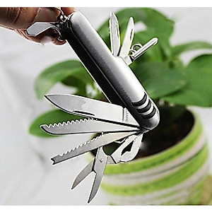 Multi Function Pocket Tools Chest Knife Stainless Steel with 11 features: knife, saw, double jagged, scissors, bottle opener, can opener, the screwdriver, file, the threading, scissors, red wine drill