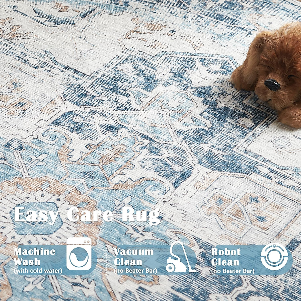 jinchan Area Rug 9x12 Washable Rug Indoor Vintage Rug Floor Cover Print Distressed Carpet Multi Thin Rug Chenille Blue Accent Rug Lightweight Non Slip Kitchen Living Room Bedroom Dining Room