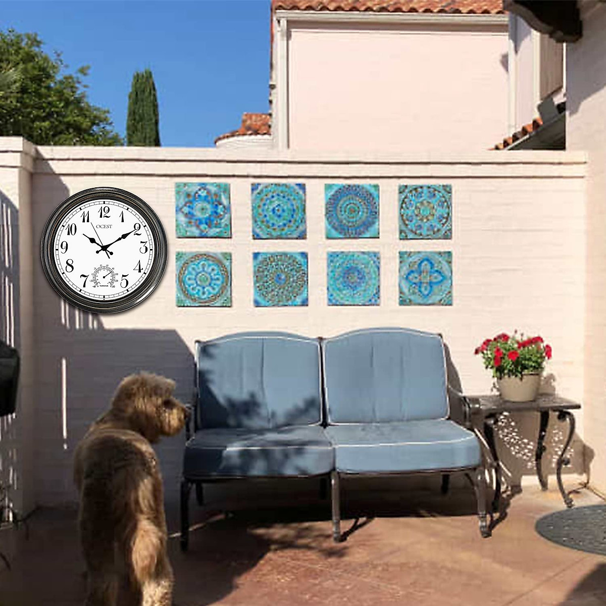 OCEST 16 Inch Large Analog Outdoor Wall Clock, Waterproof, Weather-Resistant, Non-Ticking, Battery-Operated, with Temperature Display, for Patio, Pool, Lanai, Fence, Porch, Garden, Bathroom
