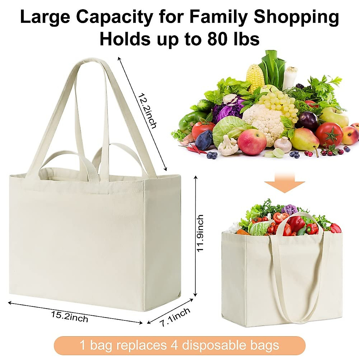 HQCUPB 4 Pack Canvas Tote Bag Reusable Grocery Bags Shopping Bags for Groceries Foldable Heavy Duty Washable Canvas Bag with Handles (4 Pack, Natural Color)