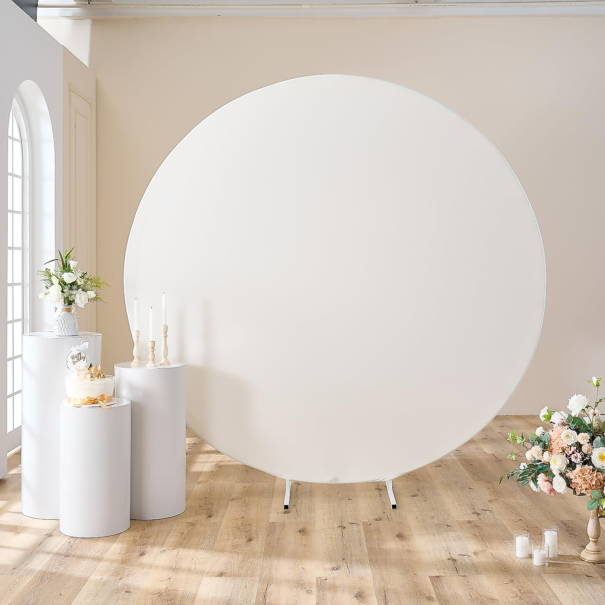 6.5ft Ivory Round Backdrop Cover Suitable for 6.5ft 6.56ft 6.6ft Circle Stand, Pure Ivory Spandex Wrinkle Free Birthday Party Wedding Photography Circle Backdrop Cover Arch Background