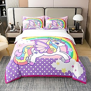 Erosebridal 100% Organic Unicorn Cotton Duvet Cover Twin Size, Rainbow Cloud Comforter Cover, Animals Castle Bed Set for Girls, Purple Yellow Pink Dot Kid Girls Cartoon Quilt Cover