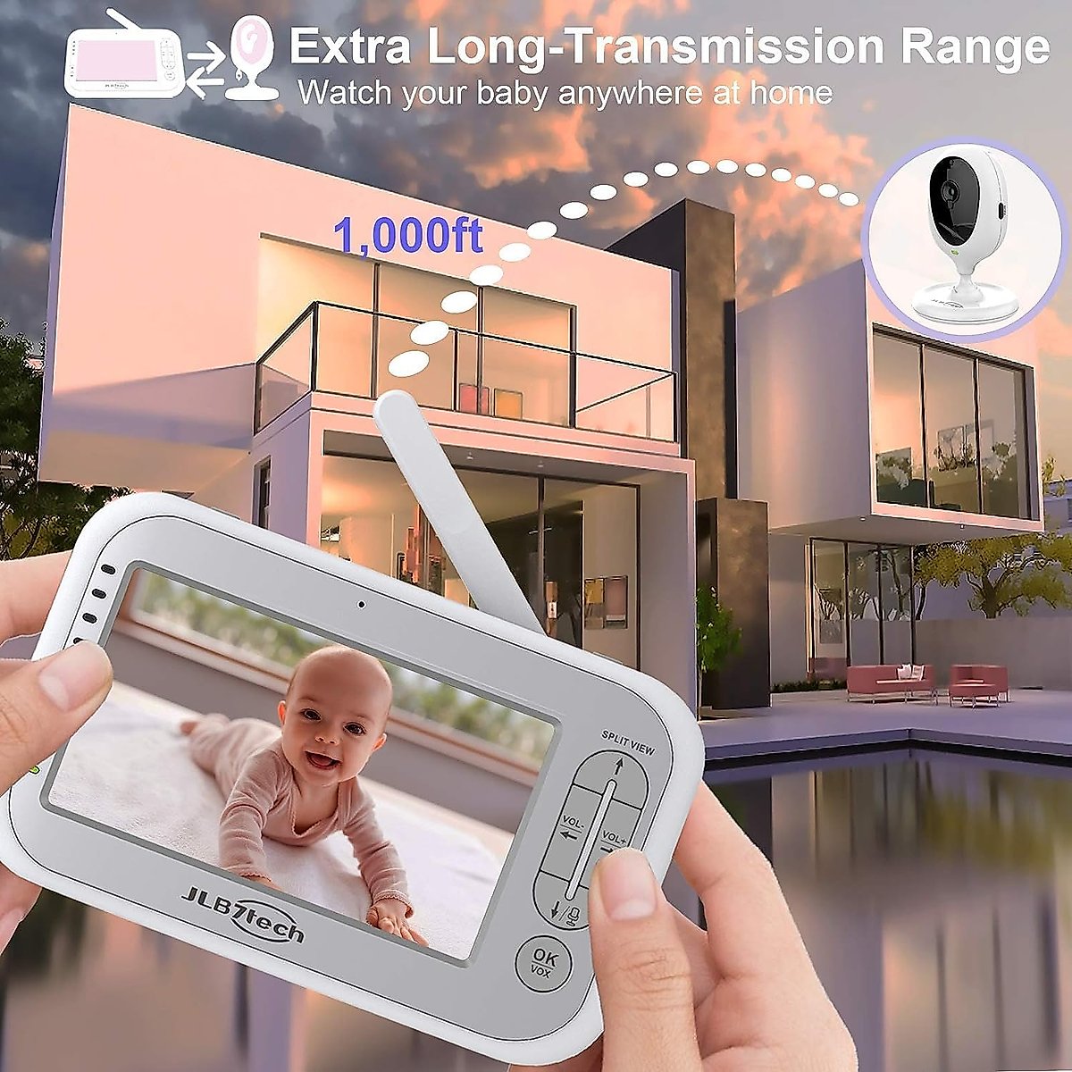JLB7tech Split-Screen Video Baby Monitor with 2 Cameras and 4.3" LCD,Auto Night Vision,Two-Way Talkback,Temperature Detection,Power Saving/Vox,Zoom in,3000mAh Battery
