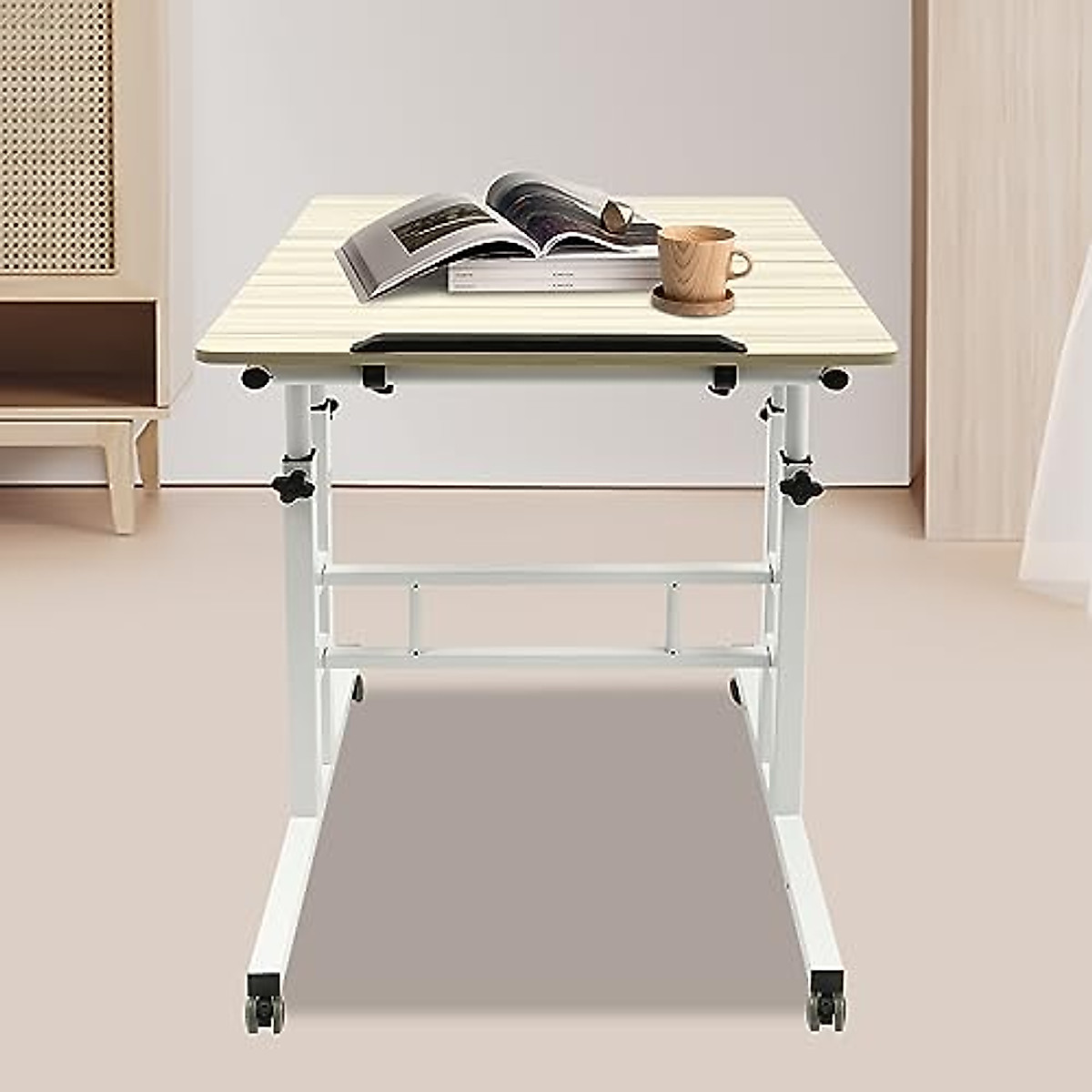 PaNeTnya Mobile Standing Desk,Adjustable Stand up Desk with Wheels,Portable Rolling Office Workstation Desk,Computer Desk Laptop Desk for Home Office Couch studyroom etc (Oak)