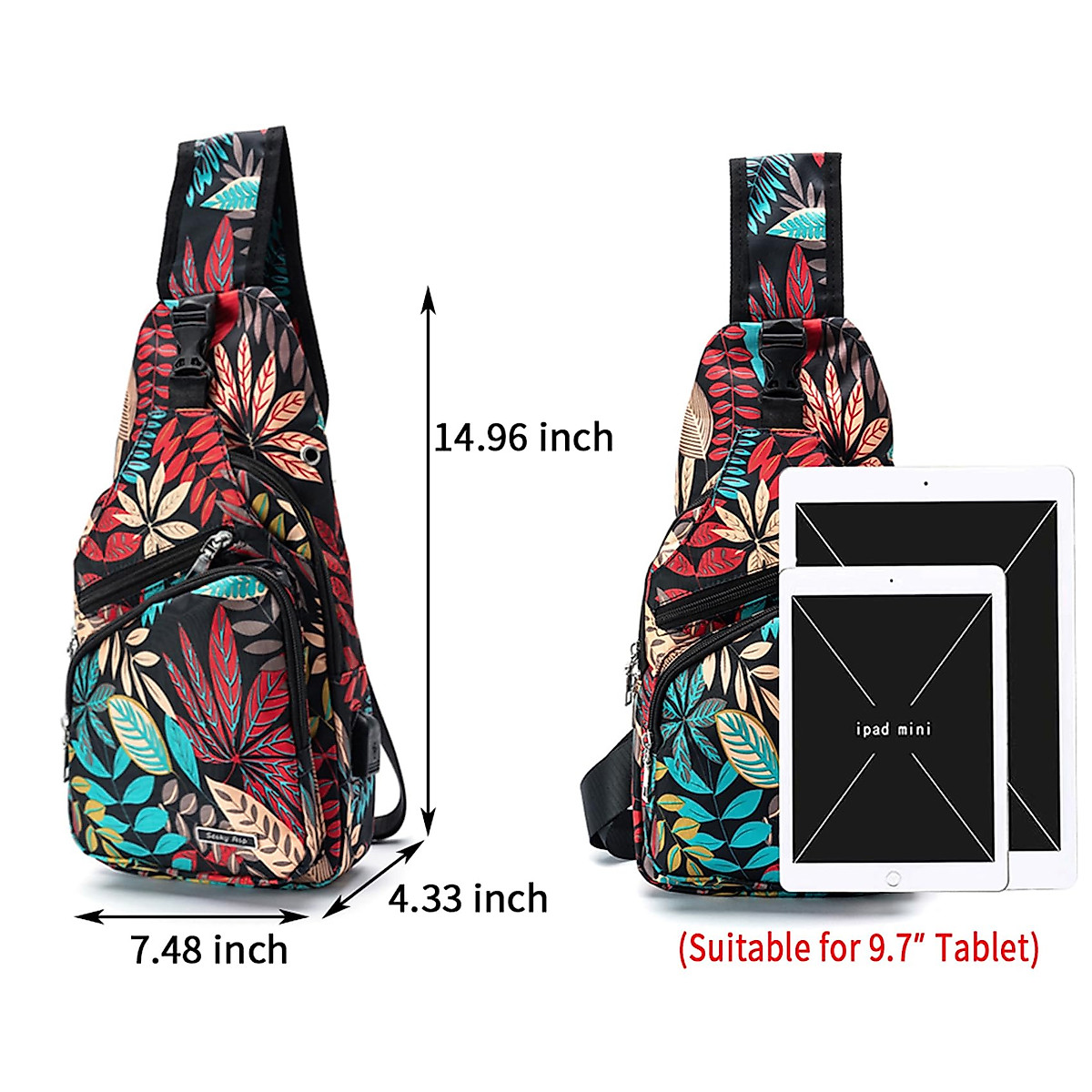 Seoky Rop Men Women Sling Backpack Anti Theft Crossbody Shoulder Chest Bag with USB Charging Port, Leaves