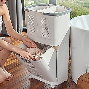 Laundry Basket with Wheels Movable Household Laundry Hamper 2 Tier Plastic Sorter Baskets Bathroom Clothes Storage Basket for Bathroom Bedroom Kitchen Organization 17x12x29Inches