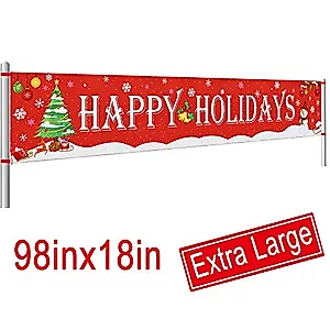 Large Happy Holidays Banner Outdoor | Red Christmas Banner Decorations | Xmas Party Supplies Outdoor & Indoor Decor (8.2 x 1.5 FT)