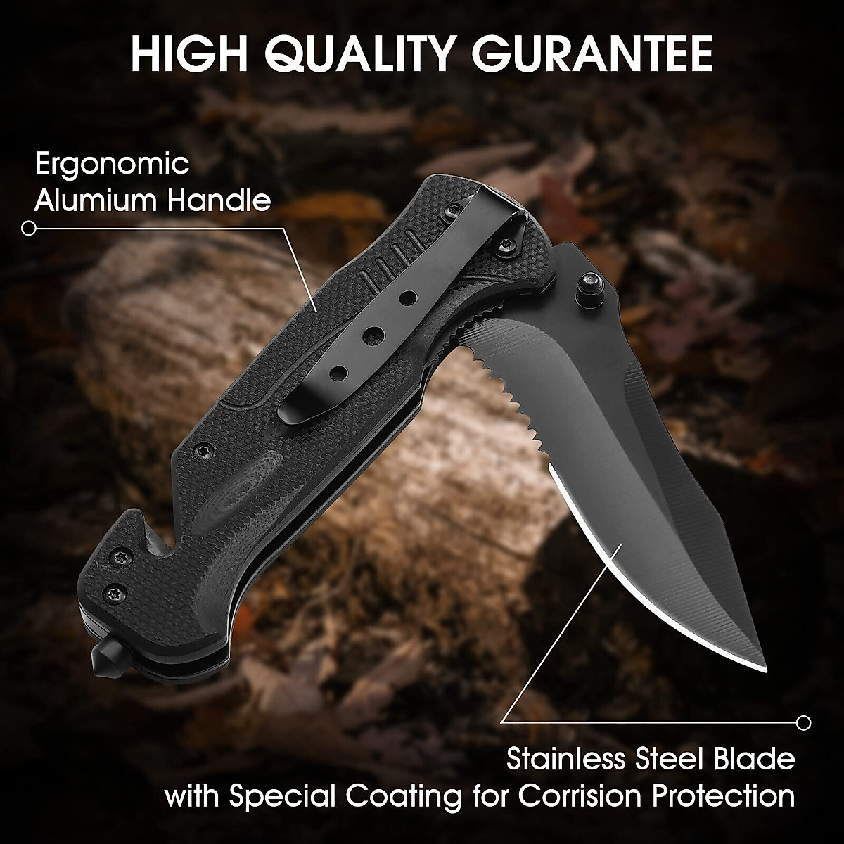 WONGSAM Pocket Knife for Men, Folding Knife with Glass Breaker, Seatbelt Cutter and Belt Clip, Black Survival Knife for Camping, Hiking, Fishing, Survival, Knives for Men