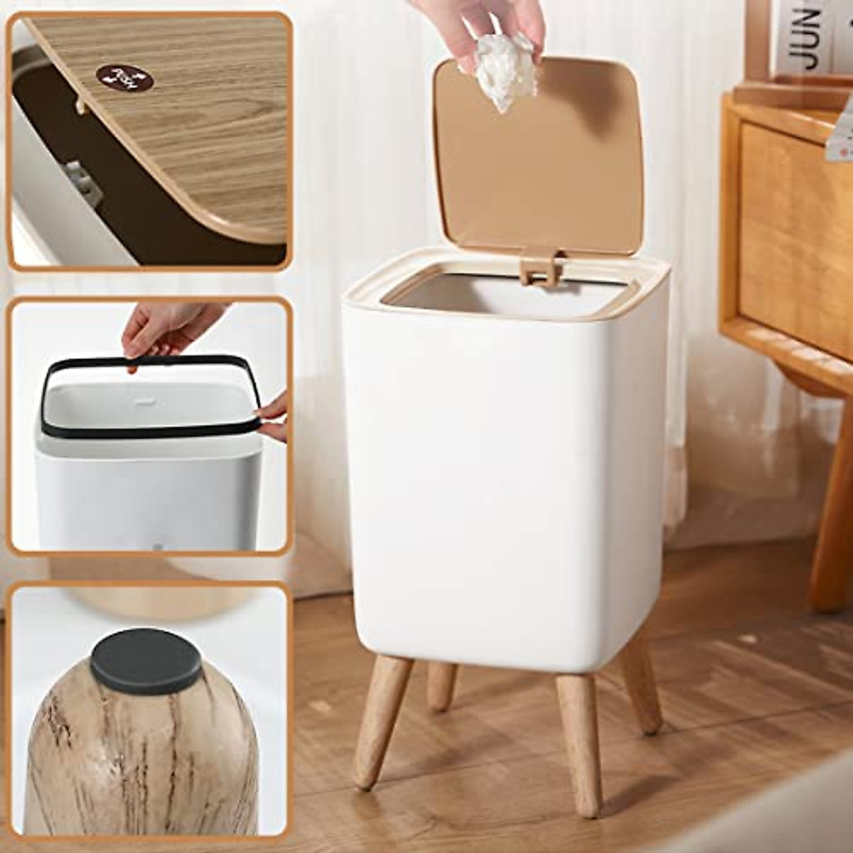 Doyingus Trash Can with Lid, 1.8 Gallon Square Plastic Garbage Can with Legs, Garbage Bin with Push Button, Modern Waste Basket for Bedroom Bathroom Living Room Office