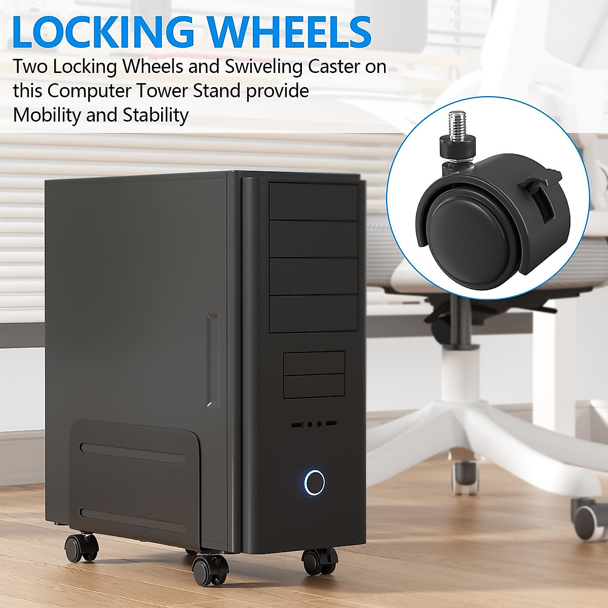 CPU Stand, Computer Tower Stand with 2 Locking Wheels and 2 Caster Wheels, UPC Steel Rolling Stand Computer Stand for Desktop Tower (Black)