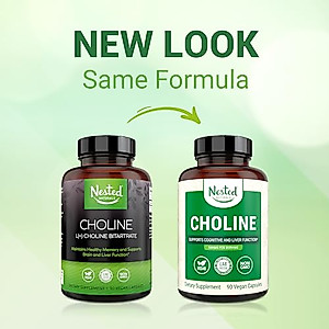 Nested Naturals Choline Bitartrate 500mg | High Potency Choline Supplements | Supports Cognitive Performance & Liver Function | 100% Vegan & Non-GMO Choline | 90 Vegan Capsules