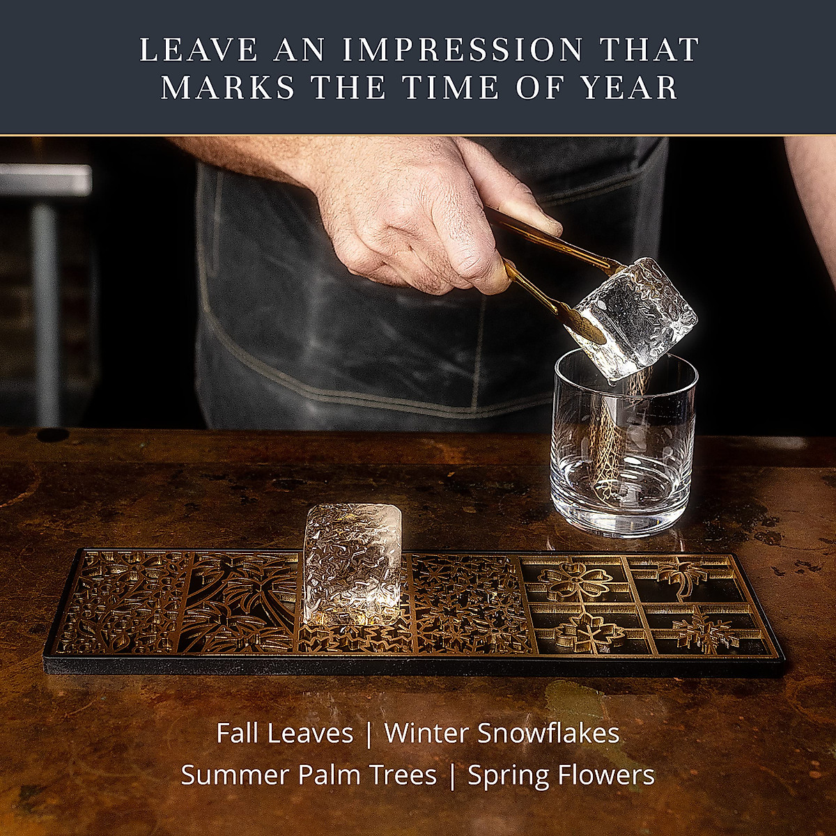 Clear Ice Cube Maker Design Tray - Craft Modern Ice Molds for Bourbon & Cocktails in 5 Seconds - Whiskey Mold Cube Stamp – Bartender Accessories - Copper Ice Press Cocktails by Ash Harbor (Seasons)