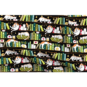 Spoonflower Fabric - Library Cats Cat Book Candle Bookshelf Hygge Books Cute Home Pet Printed on Petal Signature Cotton Fabric by The Yard - Sewing Quilting Apparel Crafts Decor
