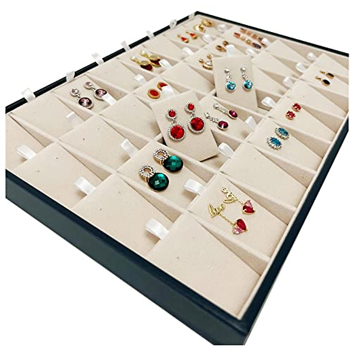 Premium Quality Dark Blue PU Leather Jewelry Tray Drawer Divider Closet Organizer Storage Display Stackable (Earrings)