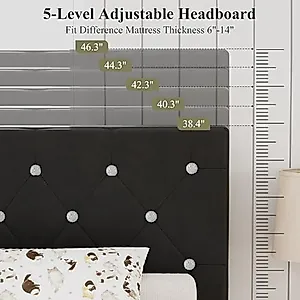 VECELO Twin Size Bed Frame, Upholstered Platform with Adjustable Diamond Tufted Headboard, Wood Slat Support, No Box Spring Needed, Velvet Black