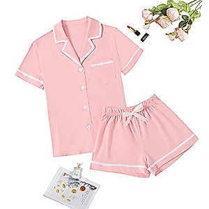 LYANER Women's Cotton Pajamas Set Button Short Sleeve Shirt with Shorts Set PJs Loungewear Pink Medium
