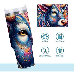Nexawaveo Stainless Steel Tumbler with Handle and Straw Psychedelic Bull Colorful Dots Fits in Standard Cup Holder Iced Coffee Cups for Smoothie Cocktail Beer Soda Fruit Juice