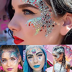 MEICOLY Gold Body Glitter Gel,Mardi Gras Carnival Accessories,Face Glitter for Women,Mermaid Sequins Holographic Chunky Glitter for Music Festival,Face,Body,Hair,Lip Sparkling Body Glitter,Gold