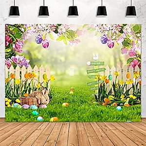 Aperturee Spring Easter Garden Photography Backdrop 7x5ft Bokeh Rabbit Bunny Colorful Eggs Fence Grass Pink and Purple Floral Butterfly Background Party Decoration Kids Children Props Photo Booth