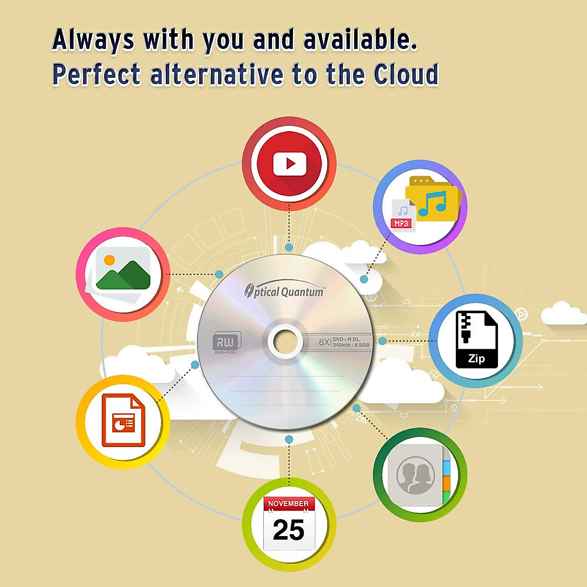 Optical Quantum 8X 8.5GB Double Layer DVD+R DL Recordable Blank Media Logo Top, 50-Disc Cakebox, Dual Layer DVD Discs, DVD DL Blank Discs 8.5GB