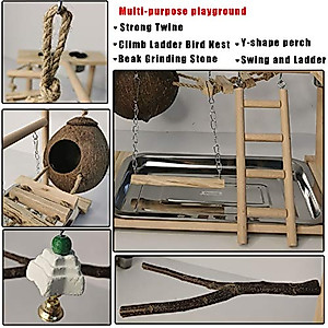 Parrots Playground Bird Play Stand Natural Wood Perch Gym Parakeet Nest Climb Swing Ladders with Feeder Cups Ladders Lovebirds Cage Accessories Toy Exercise Activity for Conure Cockatiel Lovebirds