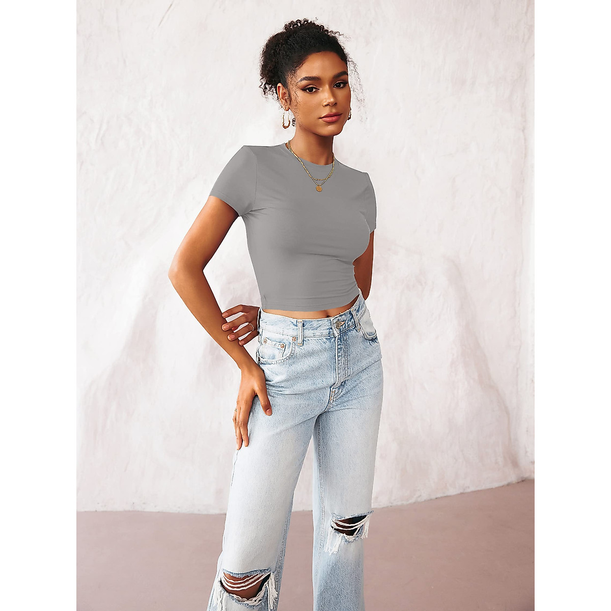 TECREW Women Cute Short Sleeve Round Neck Stretchy Athletic Gym T Shirts Crop Tops Tees, Grey, Medium