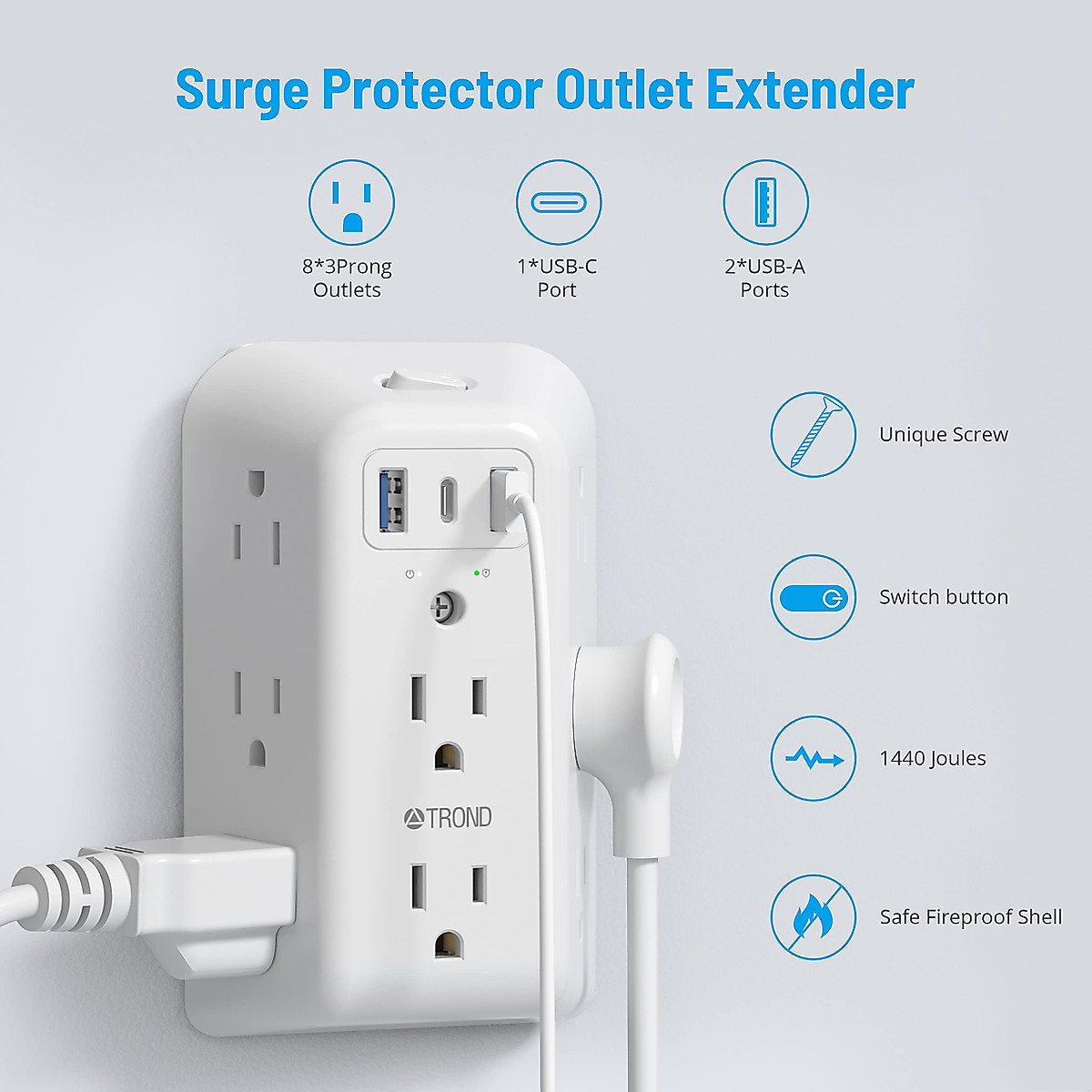 TROND Outlet Extender Surge Protector - 8 Outlet Splitter with 3 USB Ports (1 USB C), Multiple Plug Expander with ON/Off Switch, 3 Sided Multi Plug Wall Adapter Power Strip for Home Office Kitchen