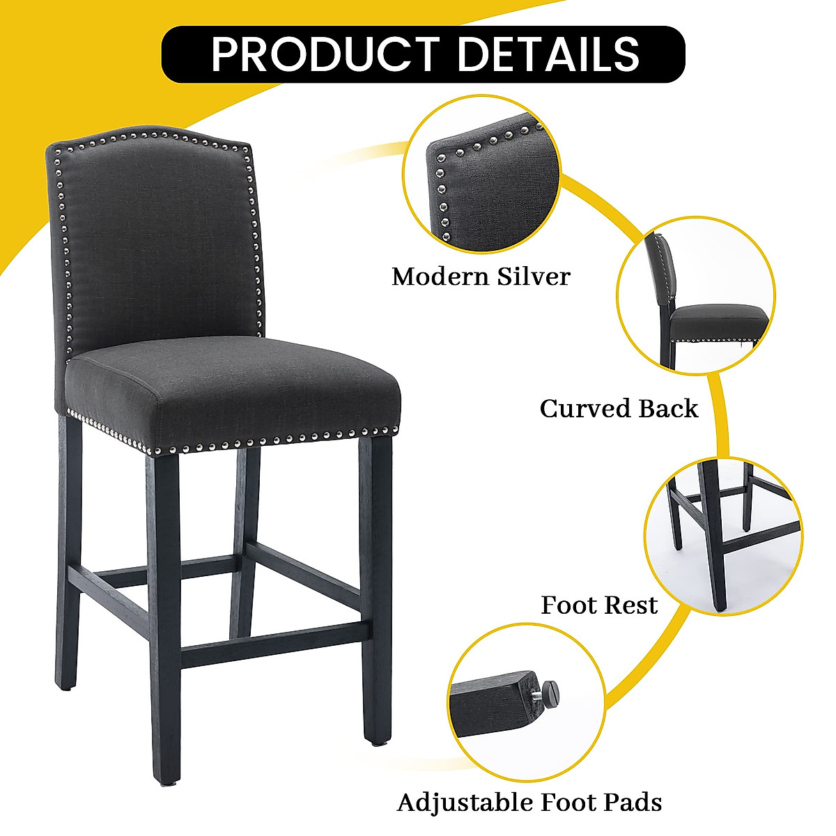 KCC Counter Height Bar Stool 26 Inches Upholstered High Back Barstool with Antique Nail Heads Solid Wood Set of 2 Counter Height Bar Chairs,Gray