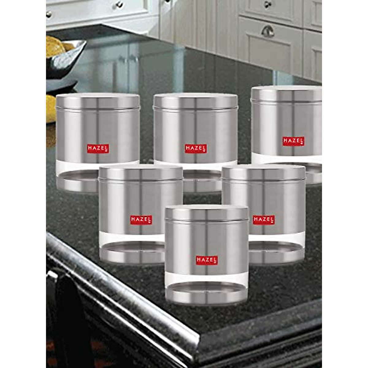 HAZEL Stainless Steel Containers Set For Kitchen Storage Transparent See Through Matt Finish Storage Jars Dabba, Set of 6, 2000 ML Each, Silver