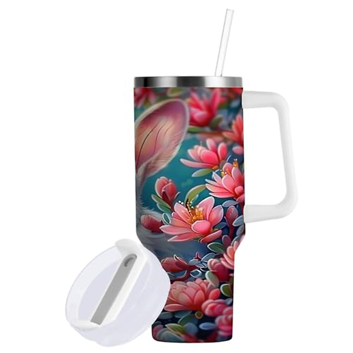 White Rabbit Pink Flowers 40 Oz Tumbler, Stainless Steel Cups with Lid, Tumbler for Men