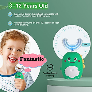 ZMRZ Kids Sonic Toothbrush with U-Shaped, Wireless Charging，Automatic Toothbrush with 3 Gear Speed, 2 Brush Heads, IPX7 Waterproof, Dinosaur Cartoon Modeling Design for Child 2-12 Years