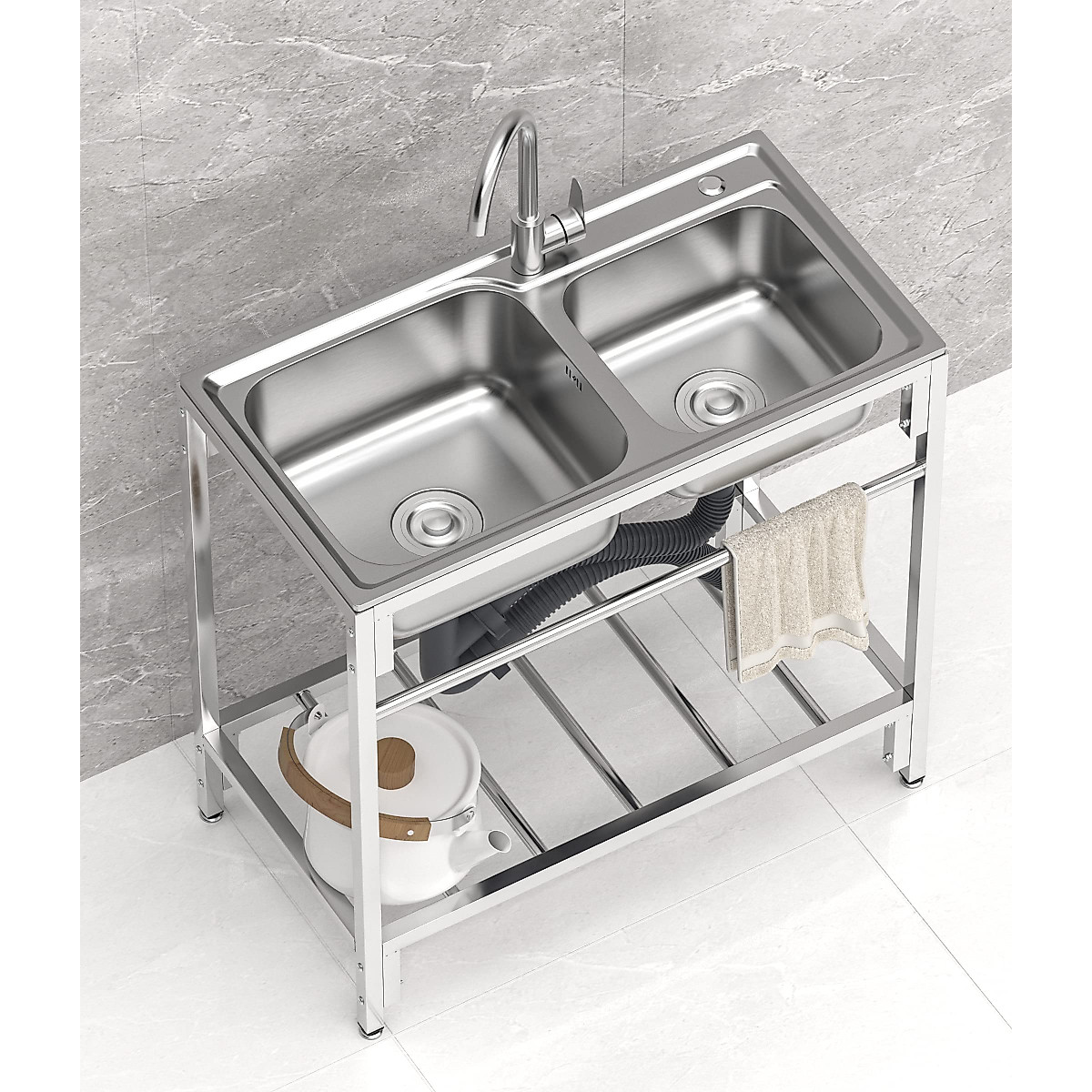 Stainless Steel Utility Sink Double Bowl, Freestanding Commercial Restaurant Sink Anti-overflow with Faucet & Shelves for Garden, Kitchen, Laundry Room, Garage, Outdoor, 31.5"×17"×29.5"
