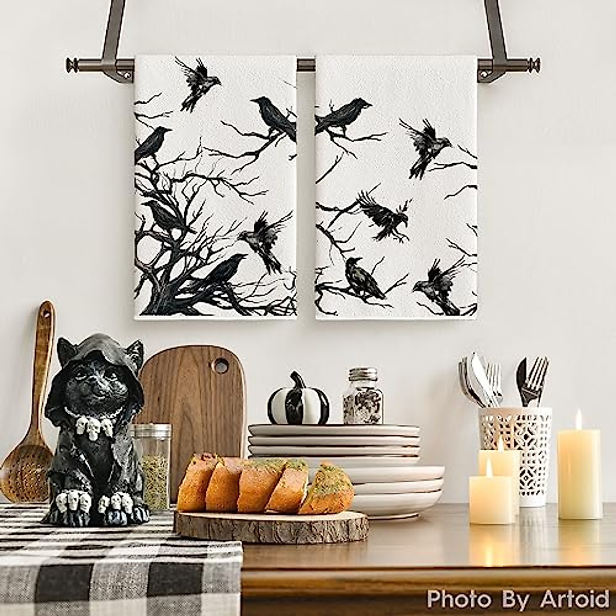 Artoid Mode Silhouette Tree Branches Crows Halloween Kitchen Towels Dish Towels, 18x26 Inch Seasonal Decoration Hand Towels Set of 2