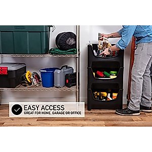 Mighty Tuff Jumbo Stackable Storage Bins, Pack of 3, Easy-Access Storage, Large Easy-To-Grip Handles, Wide Front Opening, Interlocking, Stack Vertically, Black