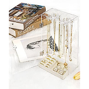 boailydi Acrylic Necklace Holder, Necklace Organizer, Rotatable Clear Jewelry Organizer Display Case for Long Necklaces Pendant Bracelets, Jewelry Holder with Beige Velvet Tray for Rings Earrings
