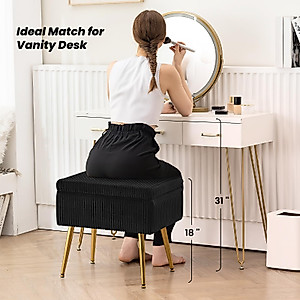 Furniliving Vanity Stool Chair with Storage, 19.75" W x 14.75" D x 18.5" H Modern Pleated Velvet Design Makeup Chair with Metal Legs, Upholstered Footrest Storage Bench for Bedroom, Khaki