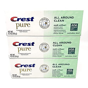 Crest Pure All Around Clean Fluoride Anticavity Toothpaste, Made Without Artificial Colors, Flavors, or Sweeteners - Natural Mint 4.1 oz (Pack of 3)