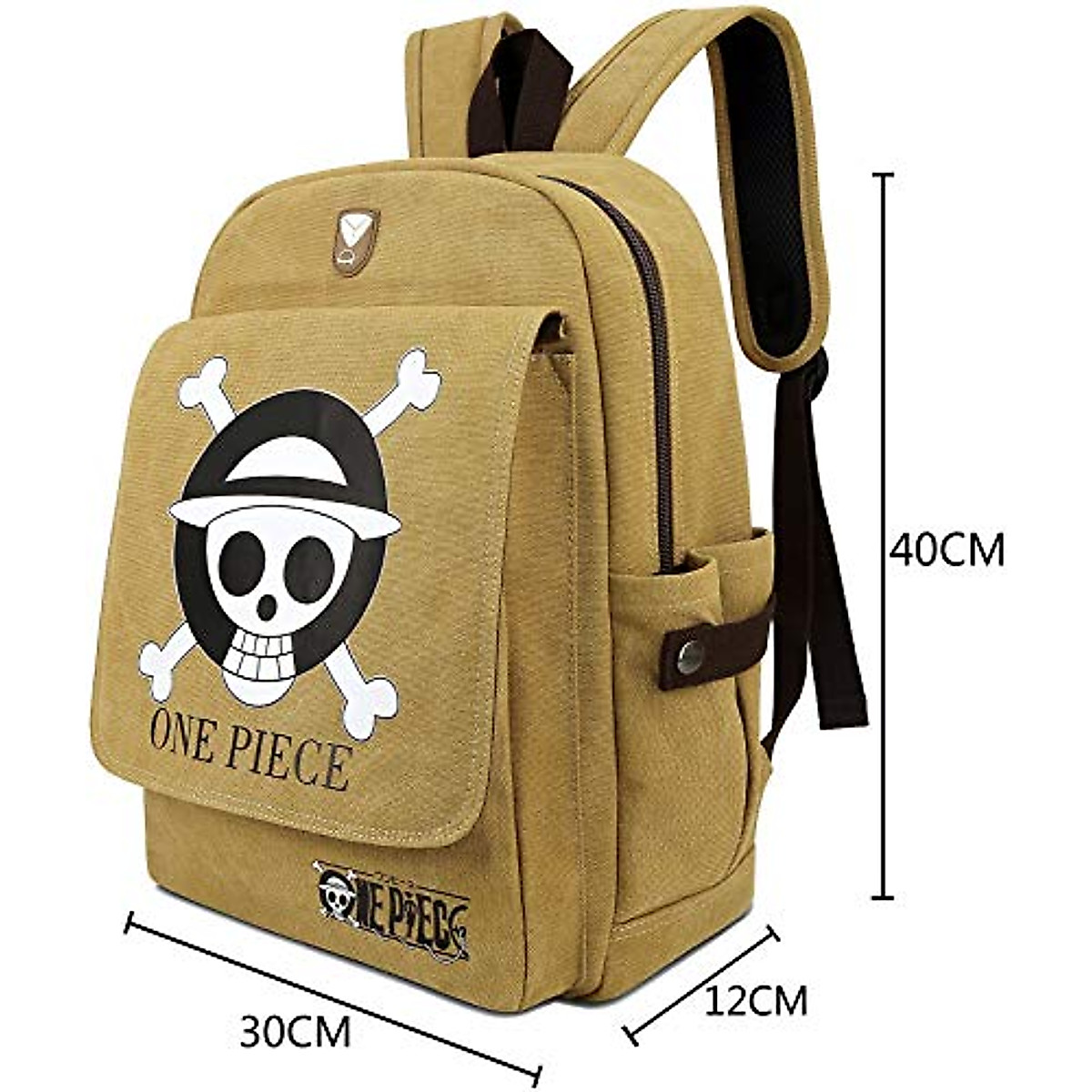 Roffatide Anime One Piece Backpack Khaki Canvas Book Bag Printed Flap School Bag With Earphone Hole