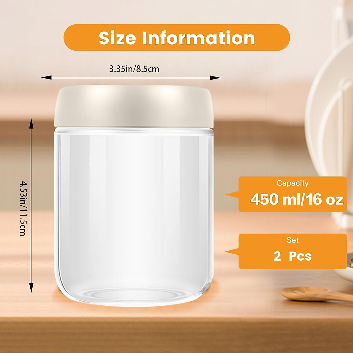 2 Pack Mason Jars 16 OZ with Lids,Wide Mouth Mason Jars for Overnight Oats,Reusable Glass Jars with Lids for Fruit, Salad Dressing, Sauce,Cereal,Pasta,Sugar,Beans,Spice-Leak Proof(Beige White)