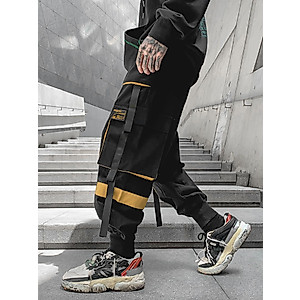 Ambcol Men's Jogger Pants Techwear Hip Hop Harem Pants Streetwear Tactical Track Pants with Drawstring Black-Yellow Medium