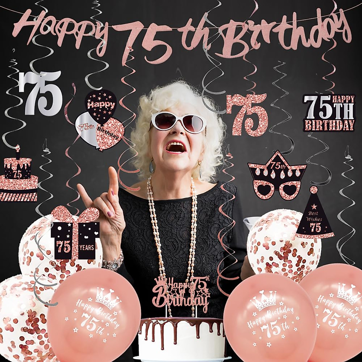 WOJOGO 75th Birthday Decorations for Women, Rose Gold 75 Birthday Decorations For Women, Happy 75th Birthday Banner Hanging Swirls Birthday Cake Topper Balloons Decor Kit for Party Supplies