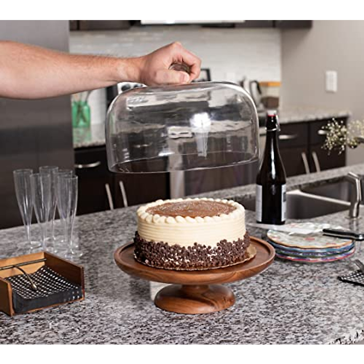 BIRDROCK HOME Cake Stand with Glass Dome and Wood Base - Wood Iron Dessert Serving Tray - Rustic Farmhouse Dessert Stand - Modern Party Oversized Server - Table Kitchen Home Display - Round