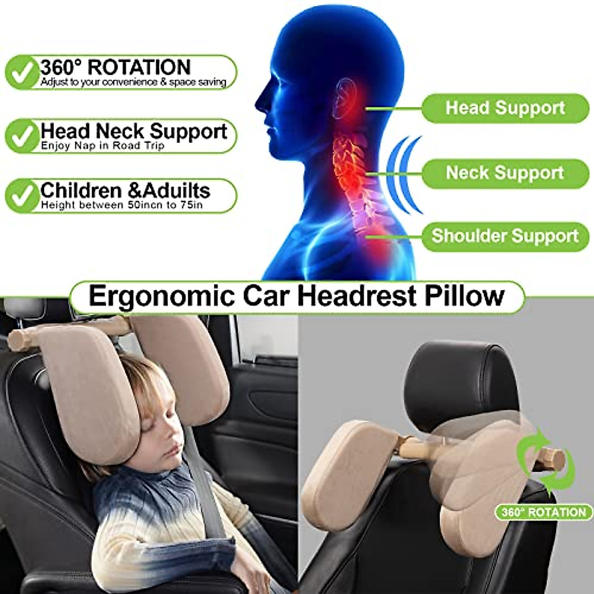 Car Headrest Pillow, Toolwiz Children Pillow for Head Neck Support for Car Seat, Soft Velvet Road Pal Headrest Kids Pillows For Sleeping, Ergonomic 360° Adjustable Travel Pillow for Child Adult, Beige