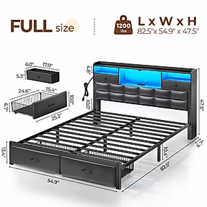 Rolanstar Bed Frame Full Size with Drawers and Charging Station, Upholstered Platform Bed with Storage Headboard and LED Light, Heavy Duty Metal Frame Support, No Box Spring Needed, Noise Free, Black